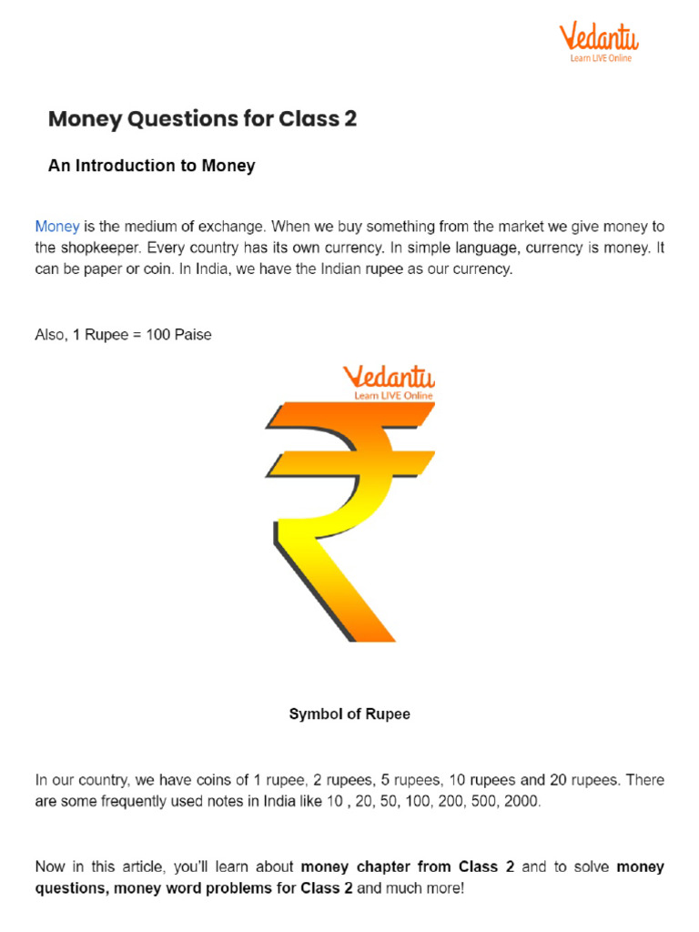 Money Questions For Class 2 | PDF
