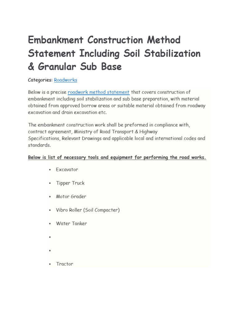 Embankment Construction Method Statement Including Soil Stabilization | PDF | Materials