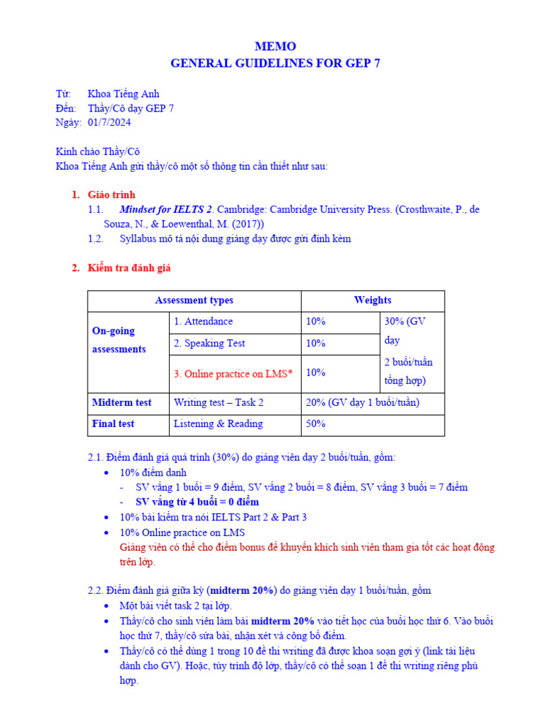 GEP 7 - Memo - (VNamese Lecturer) HK3 - 2024 | PDF