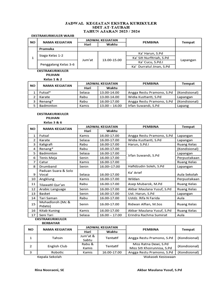 Jadwal Kegiatan Ekstra Kurikuler 24 - 25 | PDF
