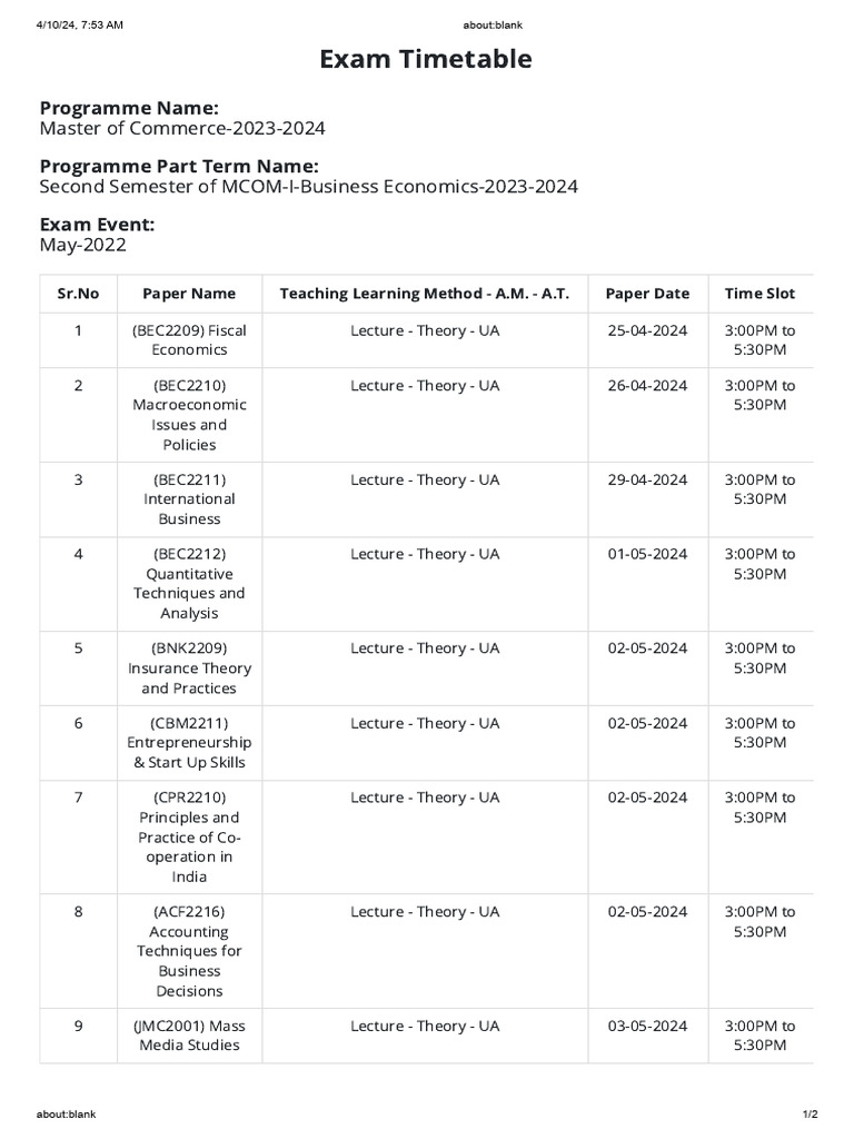 Exam Timetable | PDF | Lecture | Science