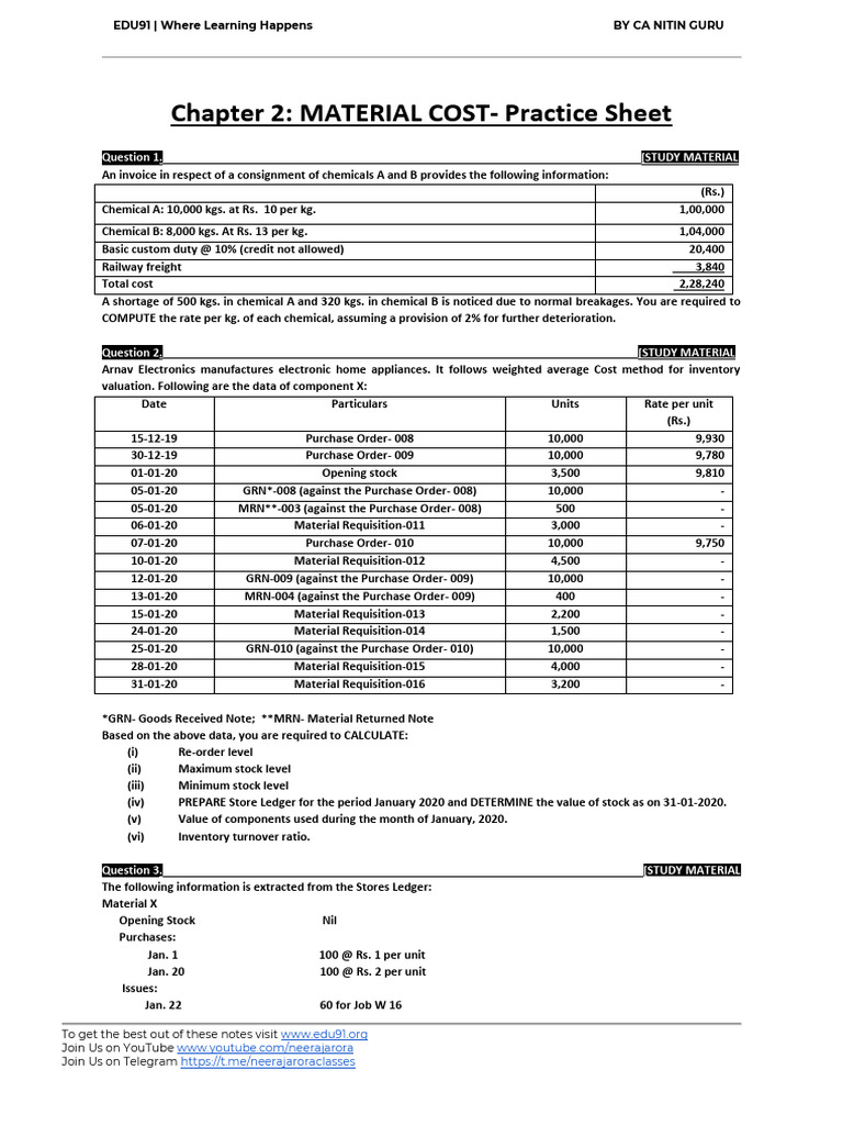 02 Edu91 Costing Practice Sheets Question Booklet | PDF | Overtime ... 02 Edu91 Costing Practice Sheets Question Booklet | PDF | Overtime ...