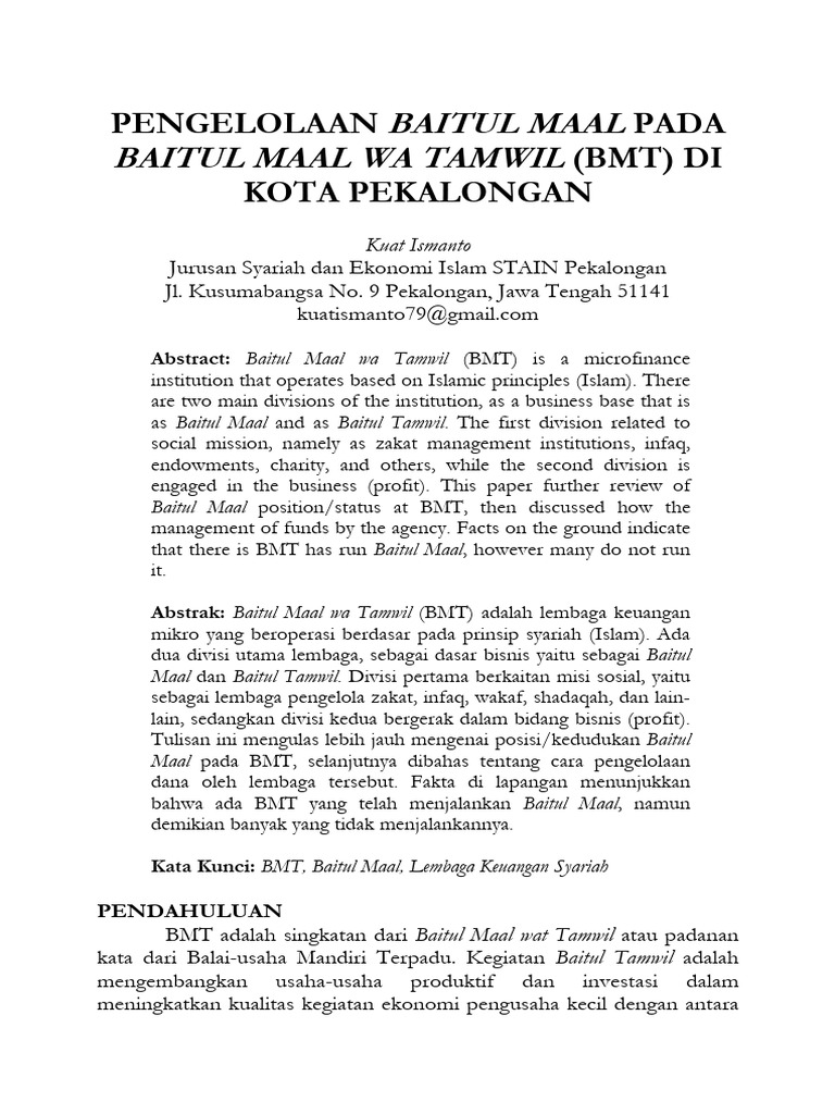 Pengelolaan Baitul Maal Pada Baitul Maal Wa Tamwil (BMT) Di Kota Pekalongan | PDF | Bisnis