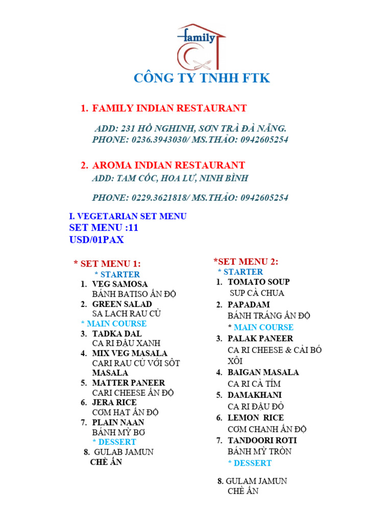 Set Menu Indian Gui Lu Hanh | PDF