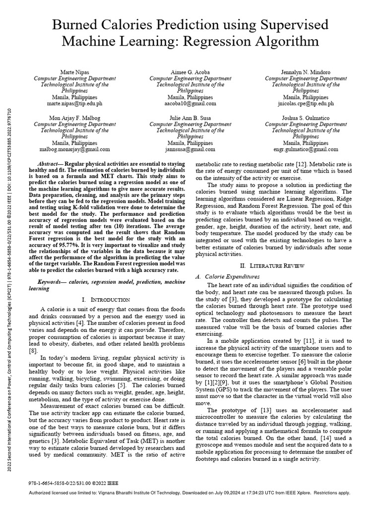 Burned Calories Prediction Using Supervised Machine Learning Regression Algorithm | PDF ...