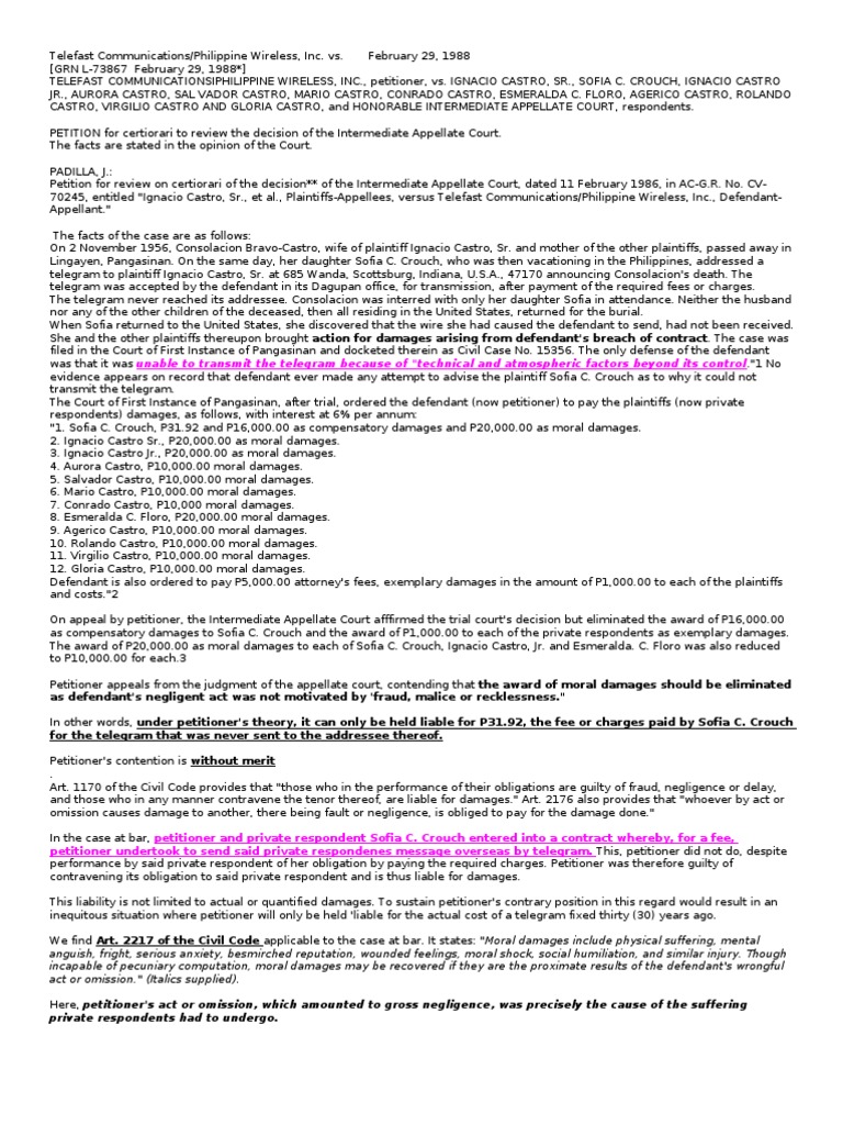 Telefast Communications vs. Castro | PDF | Damages | Negligence