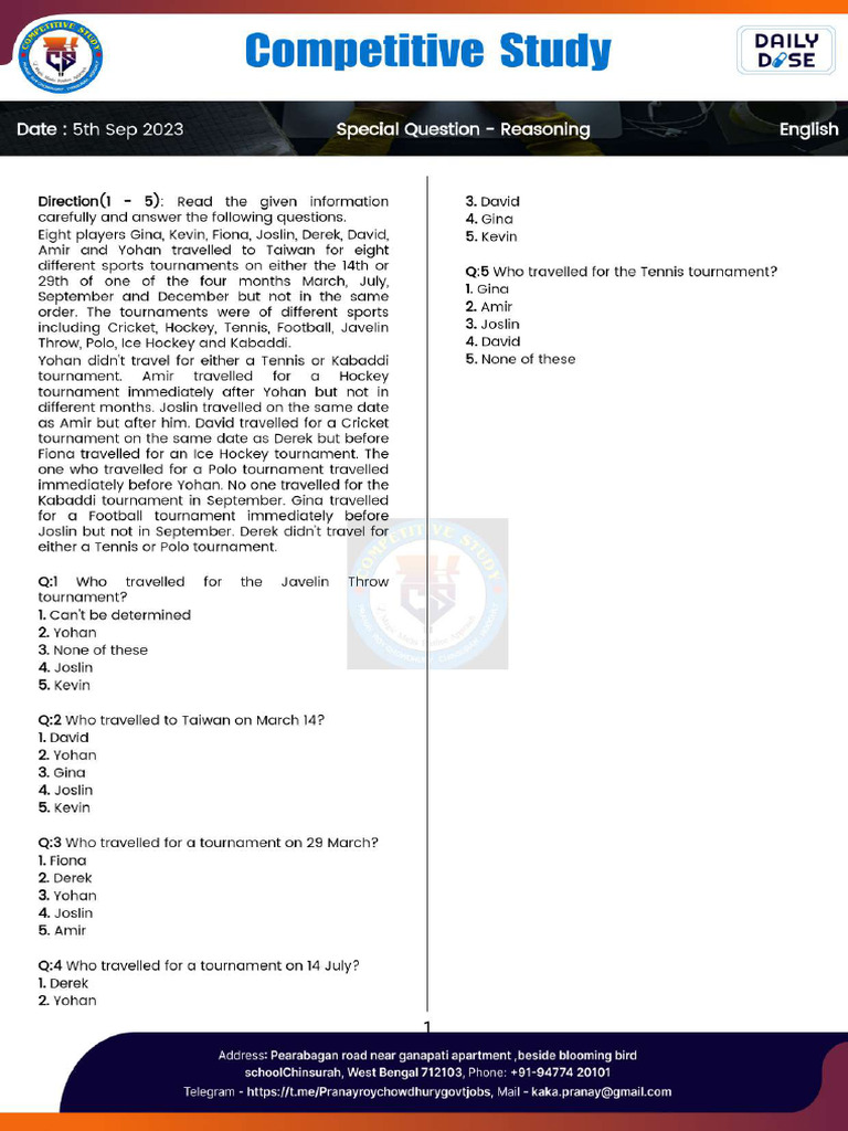 Special Question - Reasoning - English - 5th Sep 2023 - Compressed | PDF