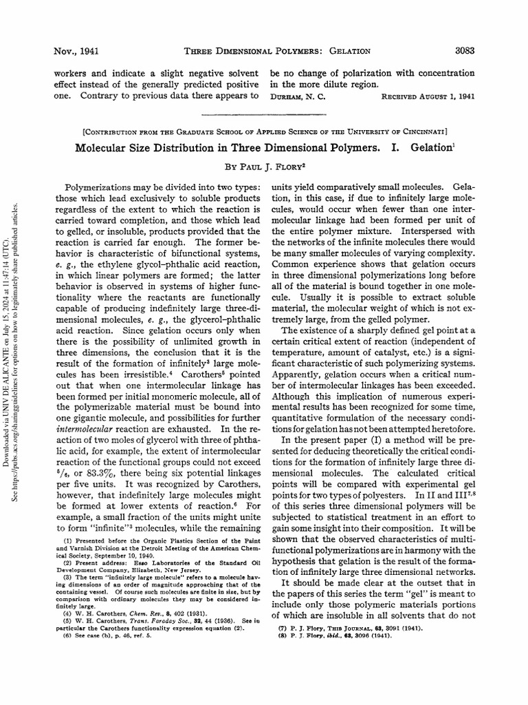 Flory 2002 Molecular Size Distribution in Three Dimensional Polymers I ...