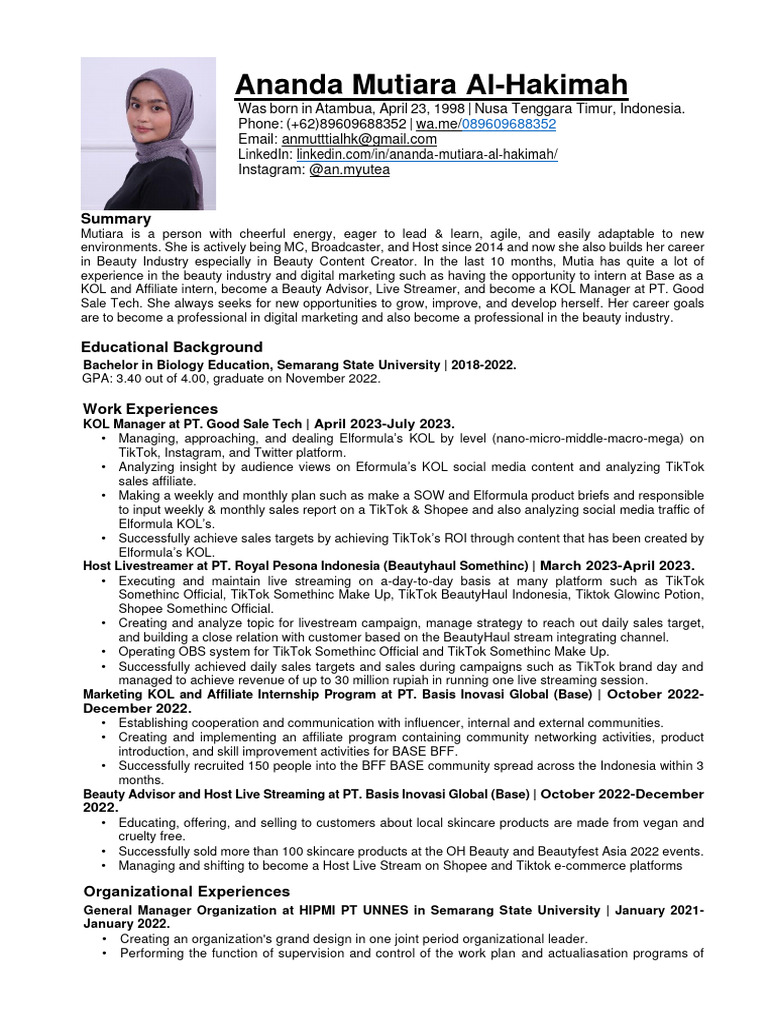 CV ANANDA MUTIARA AL-HAKIMAH_2023 OK | PDF | Sales | Social Media