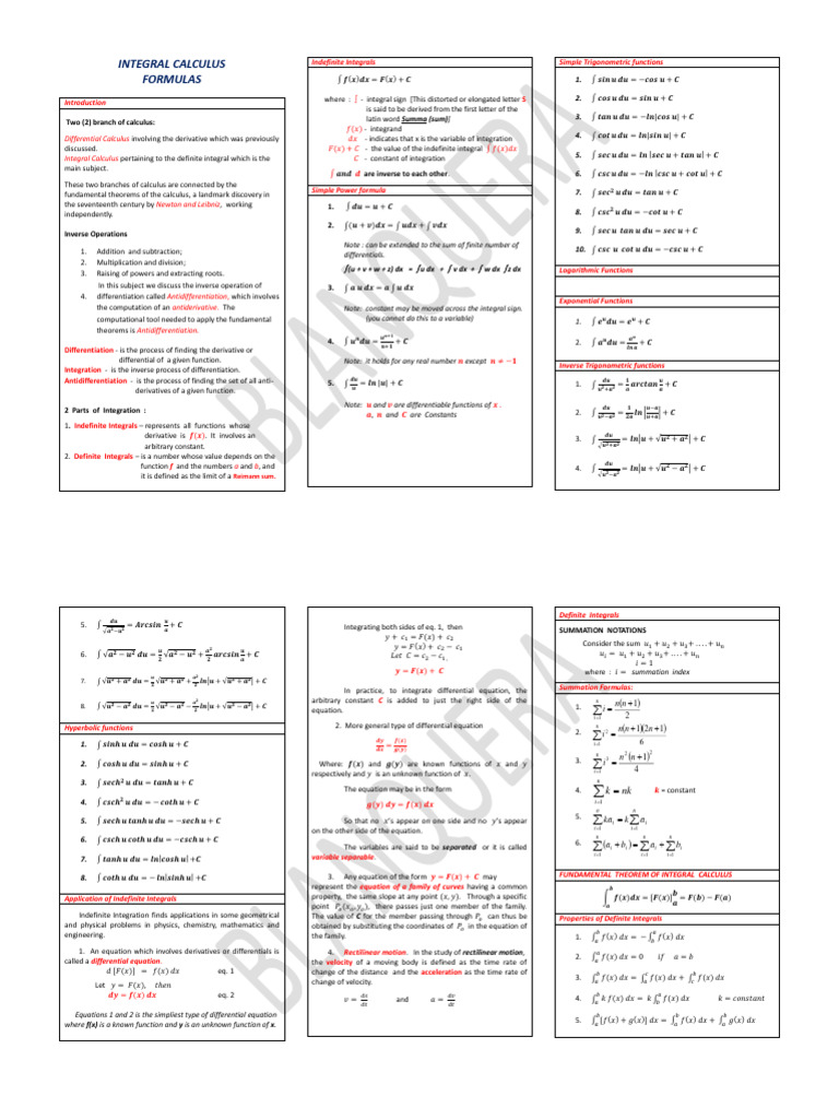 Integral Calculus Formulas | PDF | Factorization | Integral