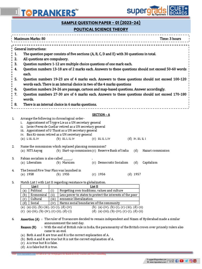Political Science Board Sample Paper 01 Questions 027c46a02b8a4 | PDF ...