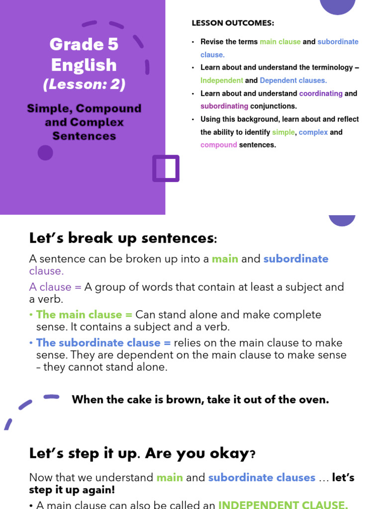 Grade 5 English (Lesson 2) Simple, Complex and Compound | PDF ...