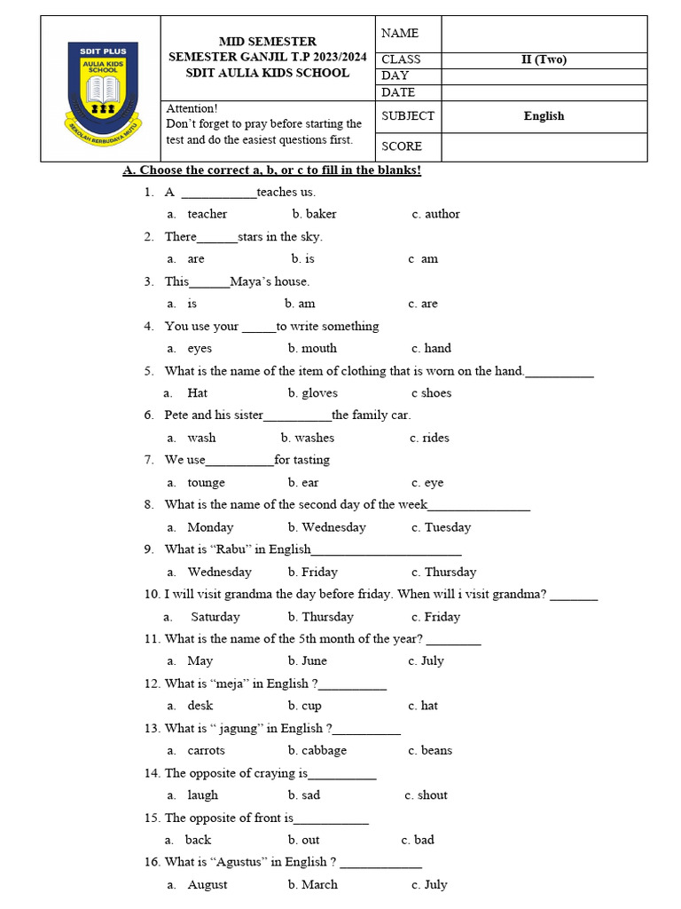 English Final Test Grade 2 | PDF