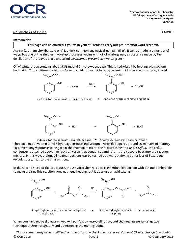 Synthesis of Aspirin: Practical Guide | PDF | Organic Synthesis ...