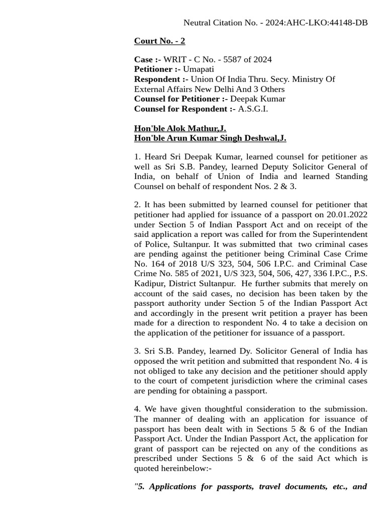 Umapati Vs Union of India | PDF | Passport | Arrest Warrant