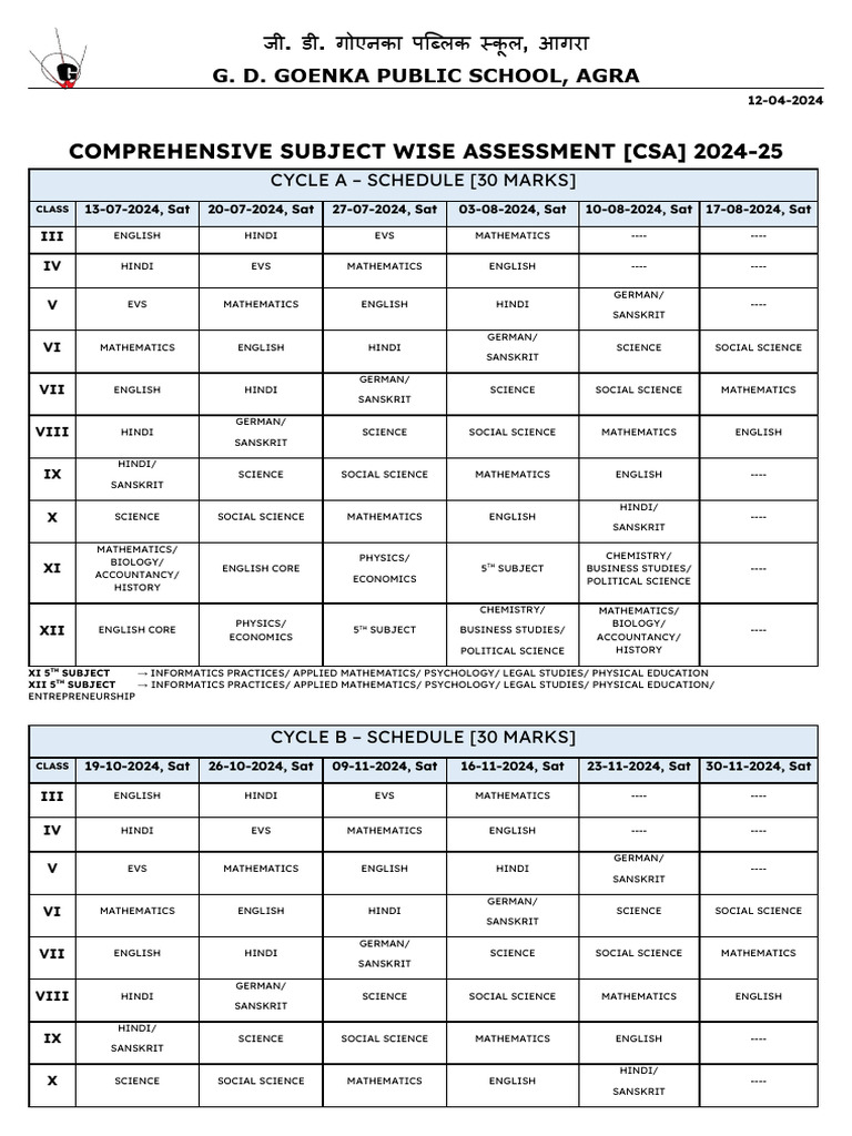 Csa Schedule 2023-24 | PDF | Science | Social Sciences