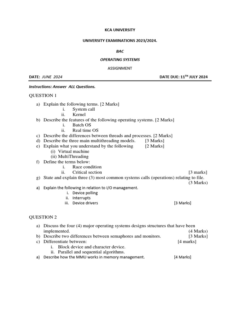 Kca Os Assignment July 2024 | PDF | Operating System | Thread (Computing)