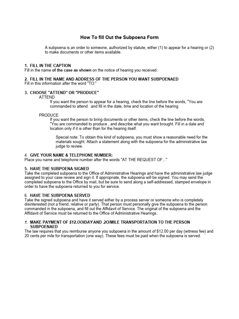 How to Complete a Subpoena Form | PDF | Subpoena Duces Tecum | Affidavit