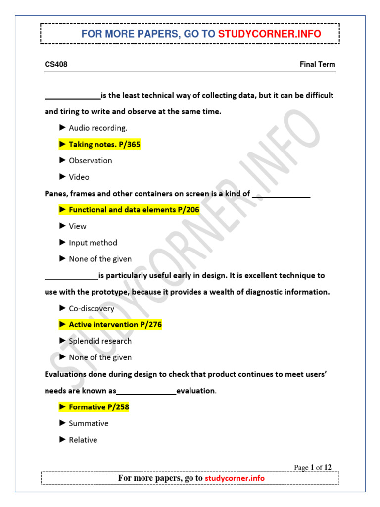 CS408 Final Term Past Paper 1 | PDF | Usability | Input/Output