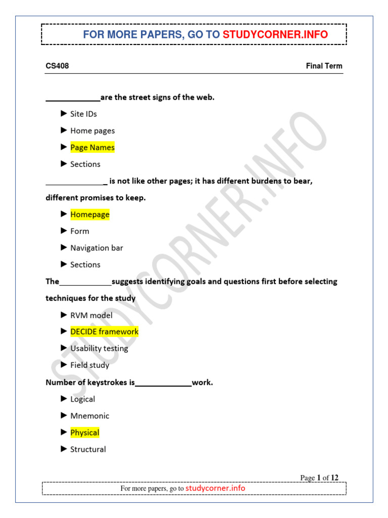 CS408 Final Term Past Paper 3 | PDF | Usability | Human–Computer Interaction