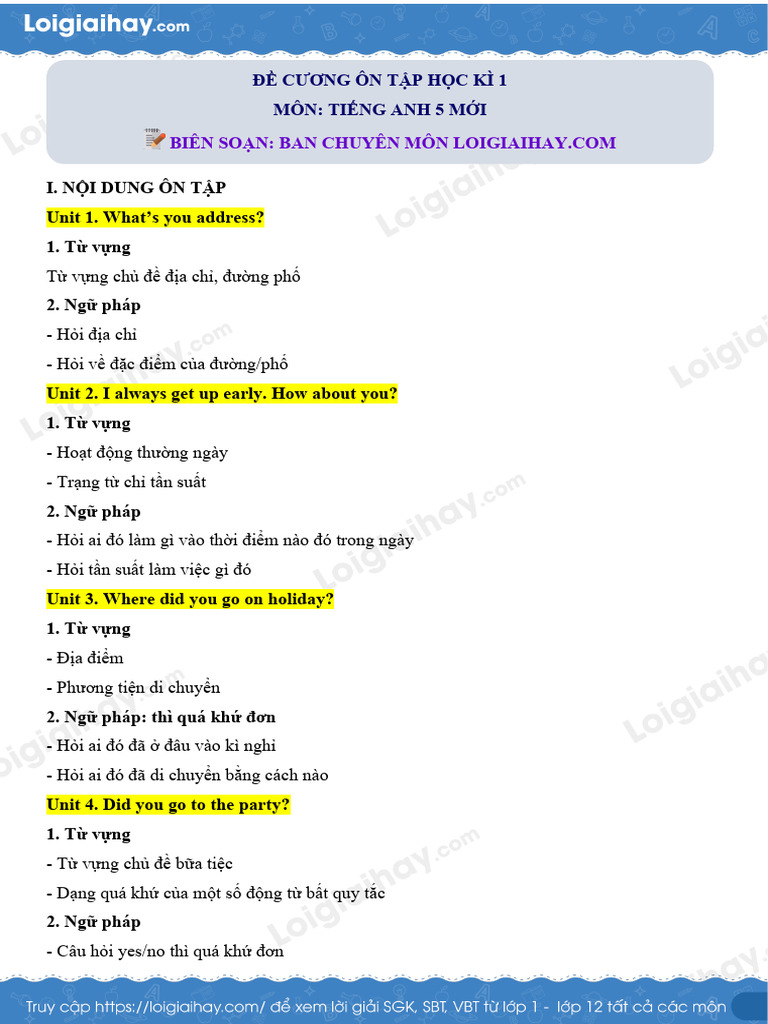 De Cuong On Tap Hoc Ki 1 Tieng Anh 5 Moi 1703651664 | PDF | Language Arts & Discipline