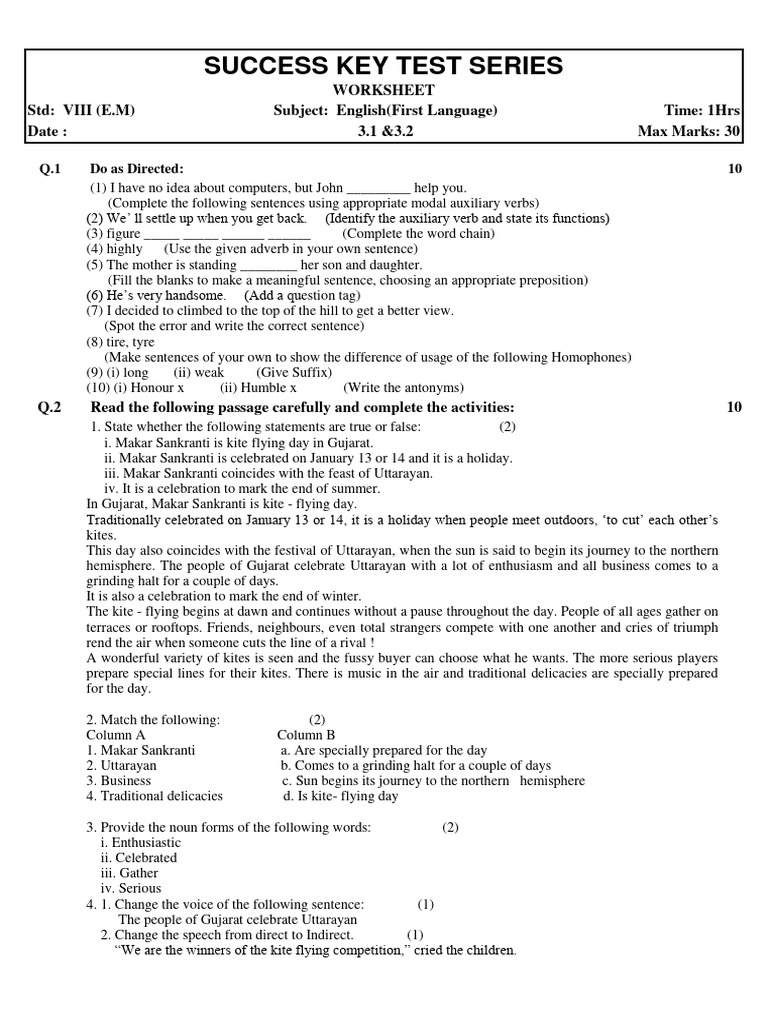Class 8 English Worksheet - 2 | PDF | Verb | Kite