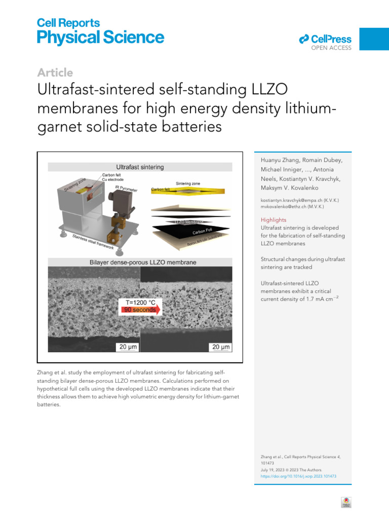 Ultrafast-Sintered Self-Standing LLZO Membranes For High Energy Density ...