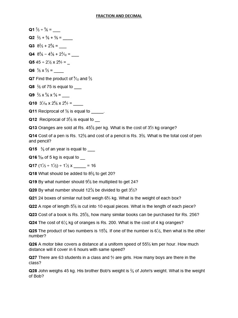 Fraction & Decimal Exercises | PDF | Cooking, Food & Wine | Teaching ...