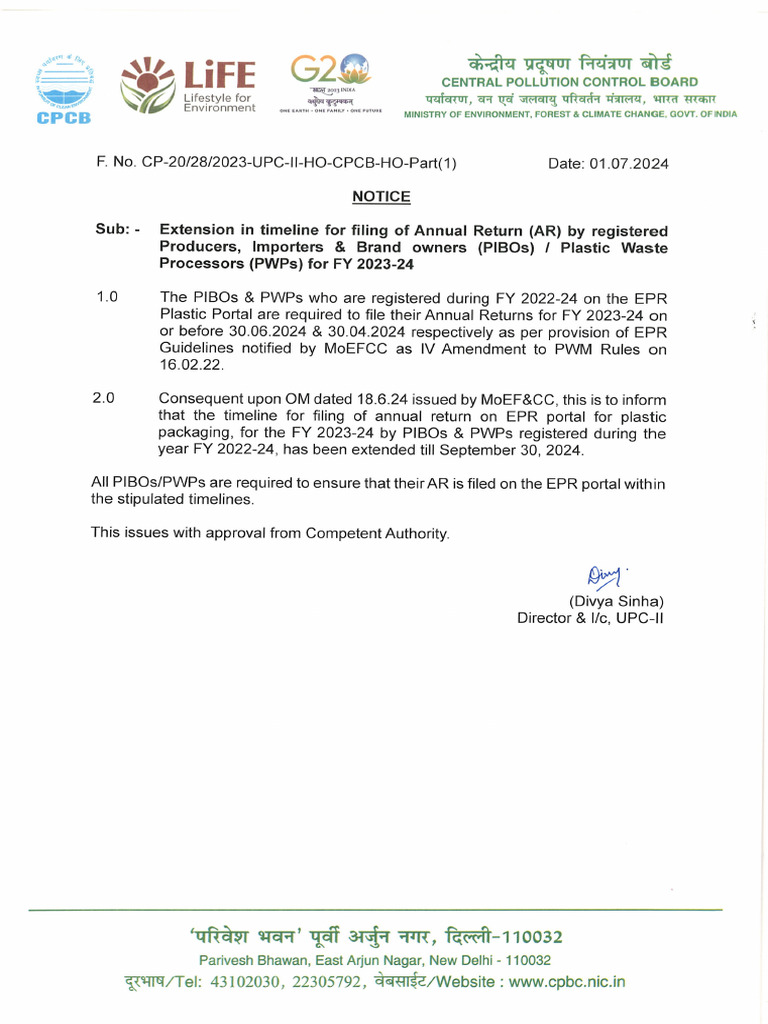 CPCB Notice Dated 1-7-2024 Reg Extension in Timeline For Filing of Annual Return AR by ...