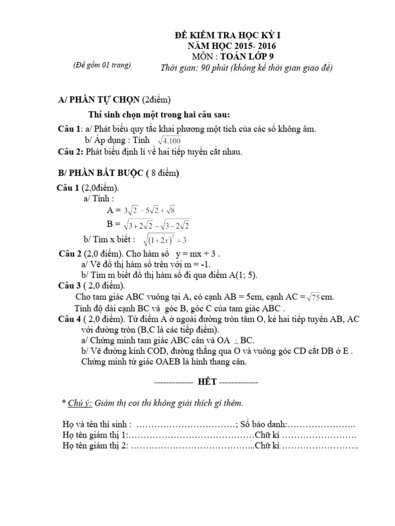 De Thi Hki Toan 9 | PDF