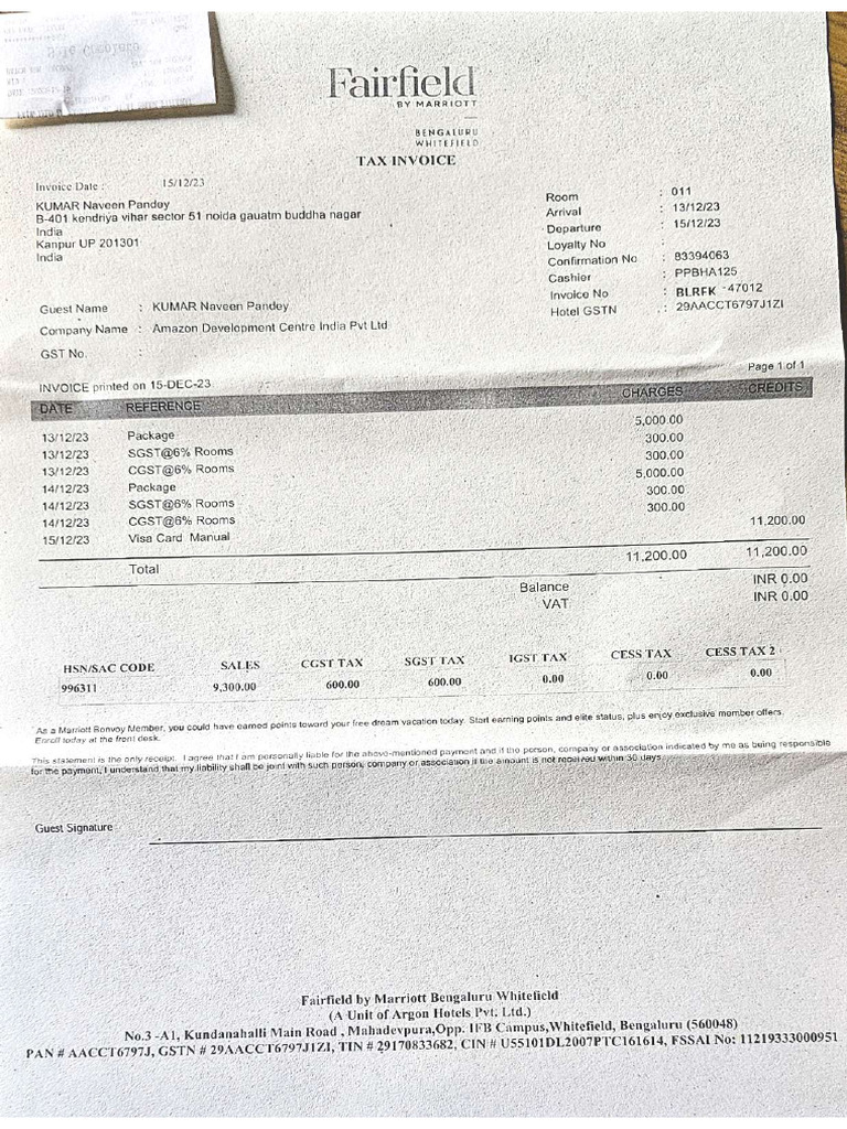 Hotel Bill BLR | PDF