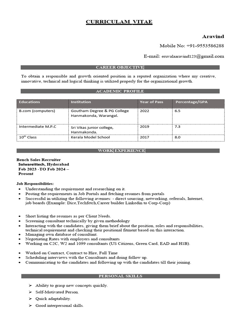 Aravind, Bench Sales Resume | PDF | Résumé | Consultant