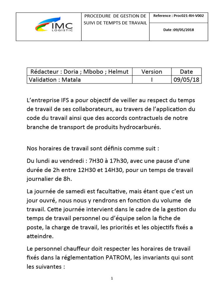 Procedure Du Temps de Travail | PDF | Heures supplémentaires | Temps de ...