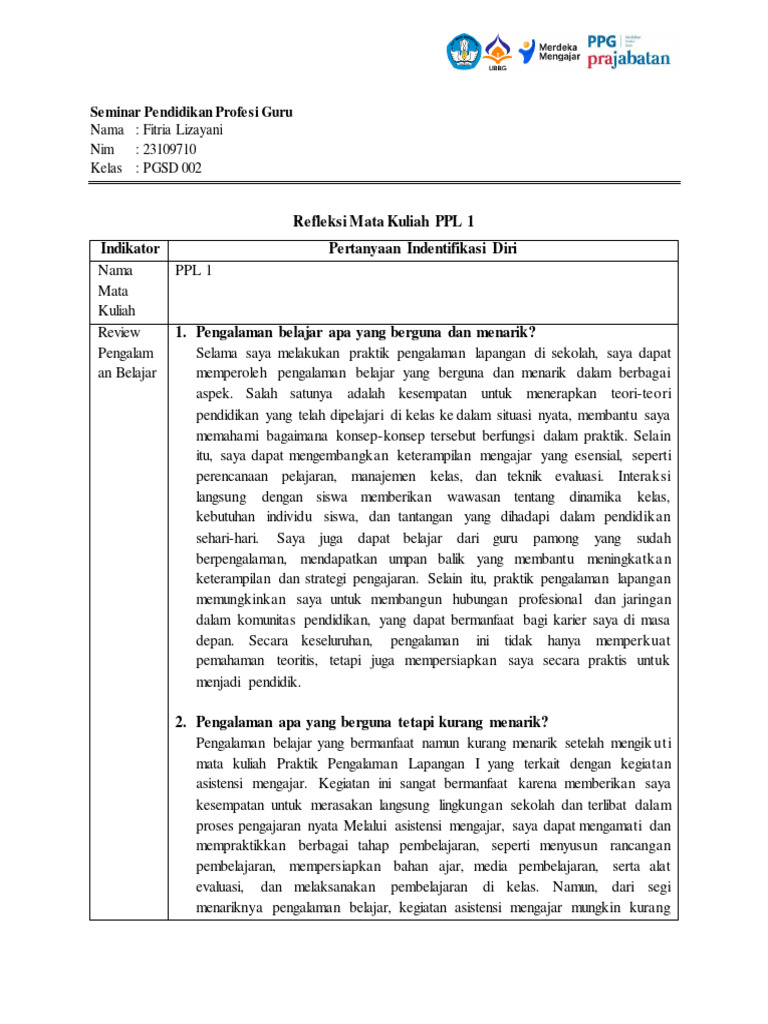 Refleksi Mata Kuliah PPL 1 | PDF | Pengembangan Diri | Sains & Matematika