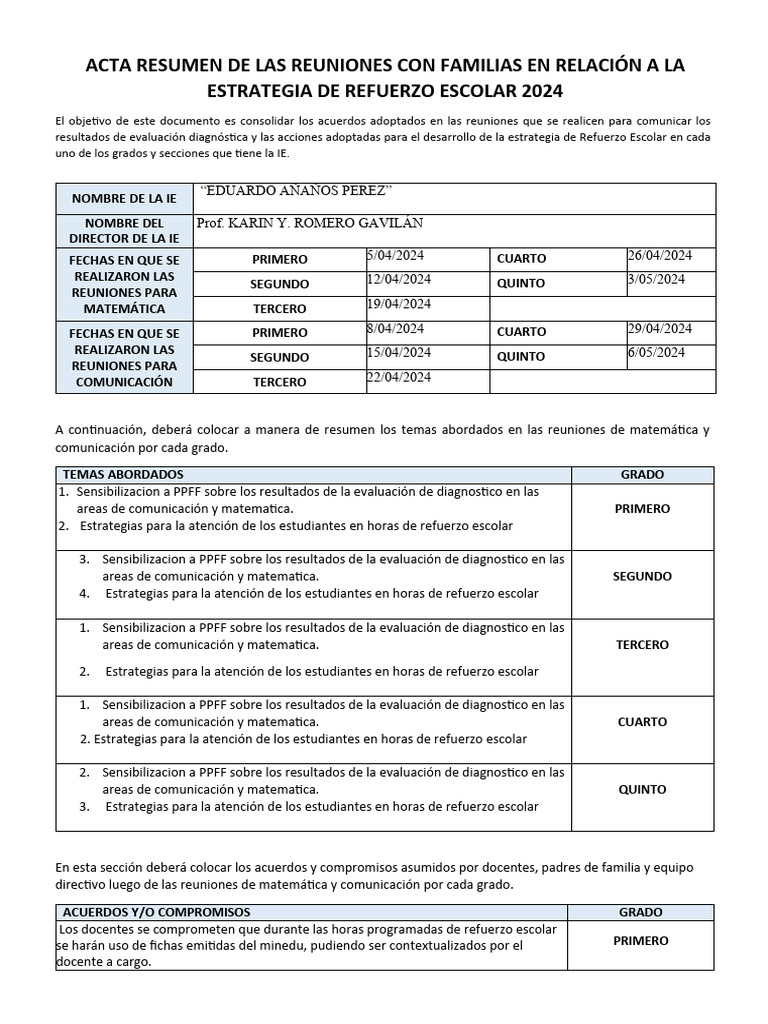 Acta Con Familias en Relación A La Estrategia de Refuerzo Escolar 2024 | PDF | Crecimiento ...