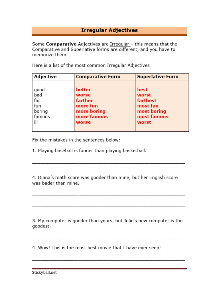 Irregular Adjectives Guide and Exercises | PDF