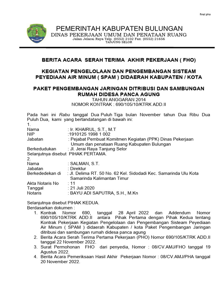 Berita Acara PHO CV Ke PPK - 17 Final Pho | PDF