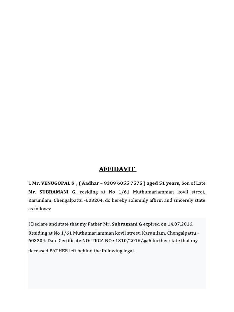 AFFIDAVIT - FOR LEGAL HEIR - Venugopal - Karunilam | PDF | Cooking ...