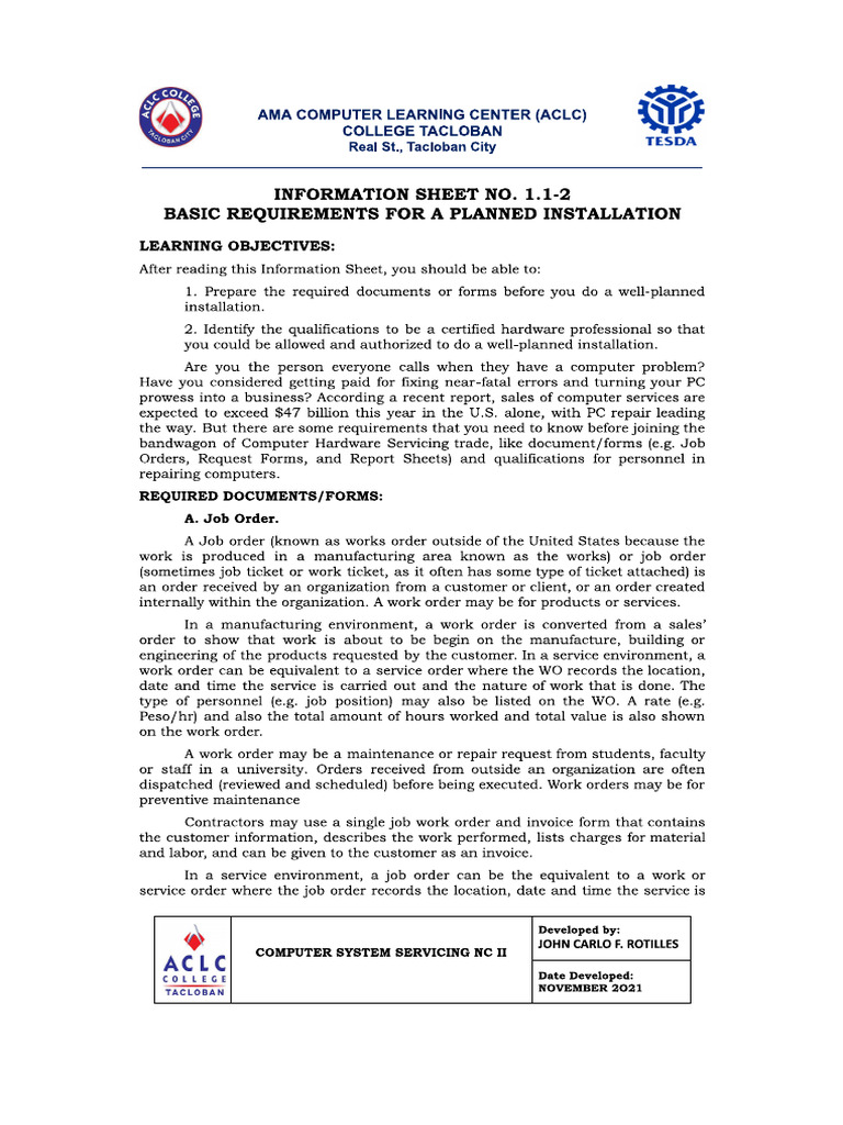 Information Sheet 1.1-2 Basic Requirements For Planned Installation | PDF