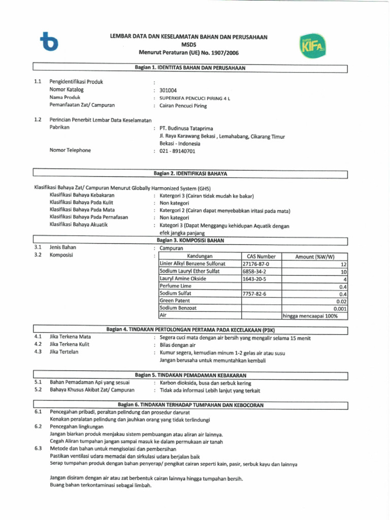 Msds SP Kifa Cuci Piring | PDF