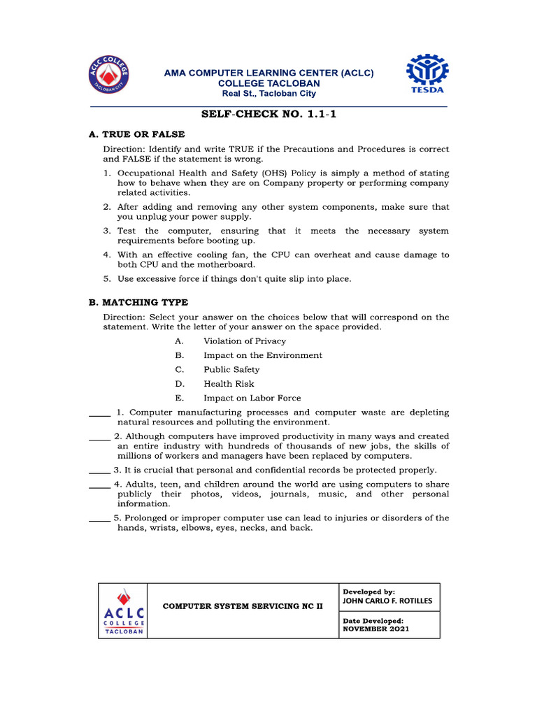 Self Check 1.1-1 Oh&s Policies | PDF