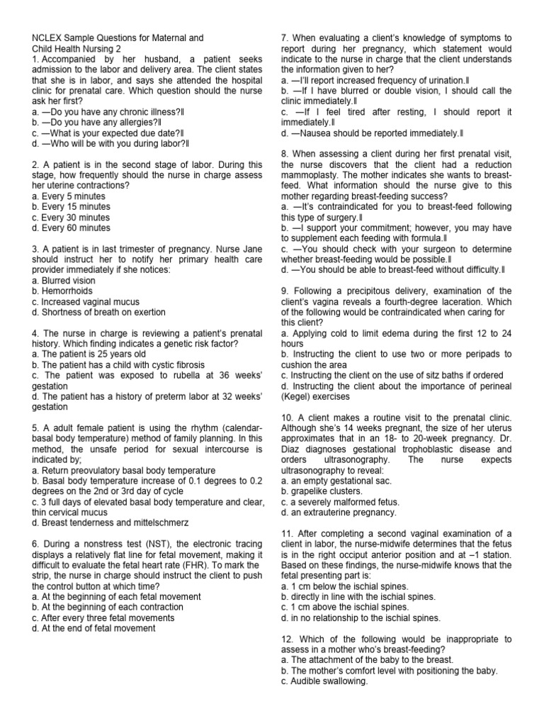 NCLEX Sample Questions For Maternal and | PDF | Childbirth | Pregnancy