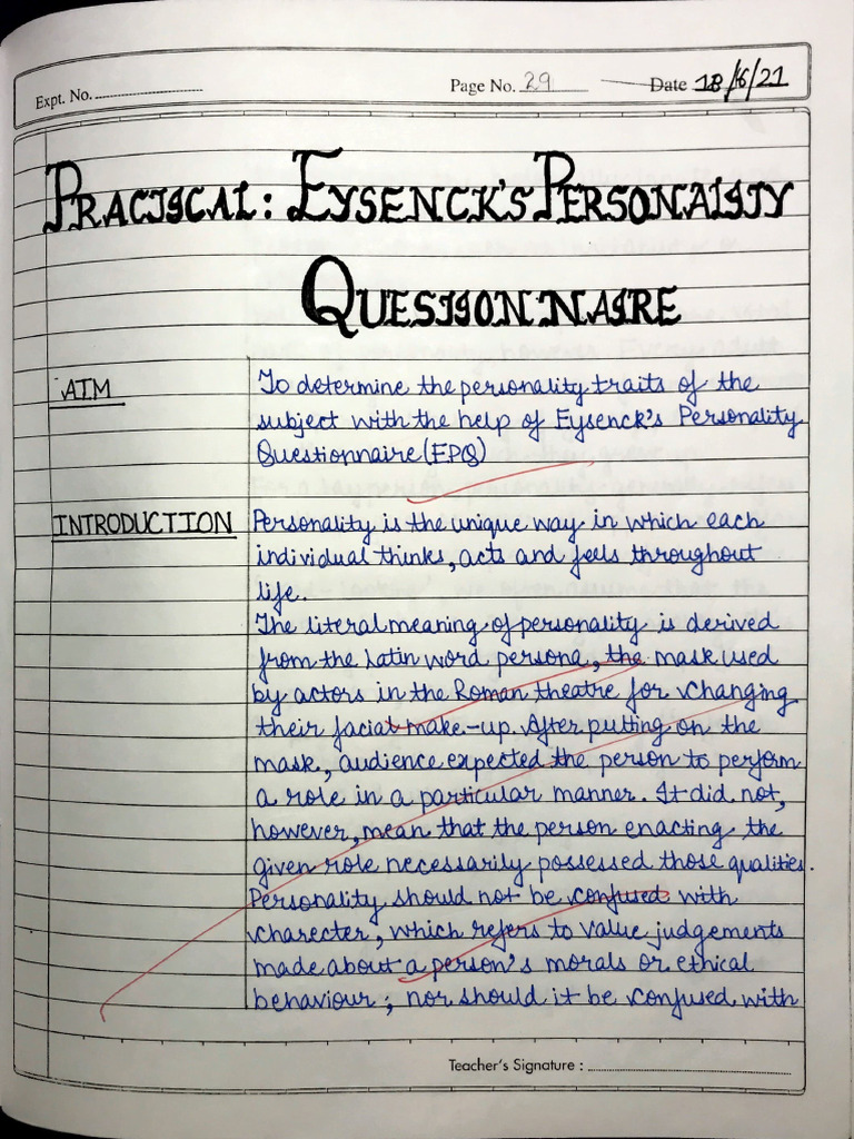 Eyesenck's Personality Questionnaire Sample Practical | PDF
