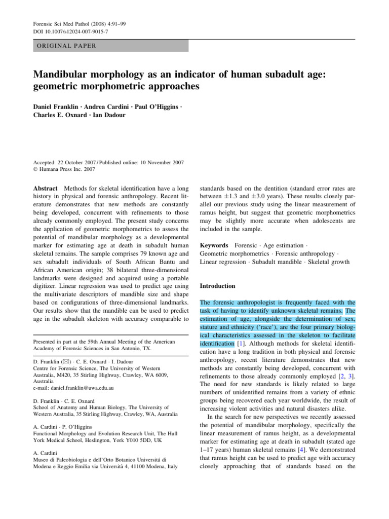 Franklin Et Al 2008 - Mandibular Morphology As An Indicator of Human ...