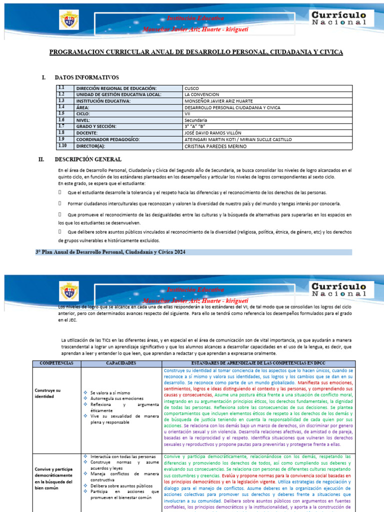 Plan Anual DPCC 2024 - Secundaria Cuzco | PDF | La sexualidad humana ...