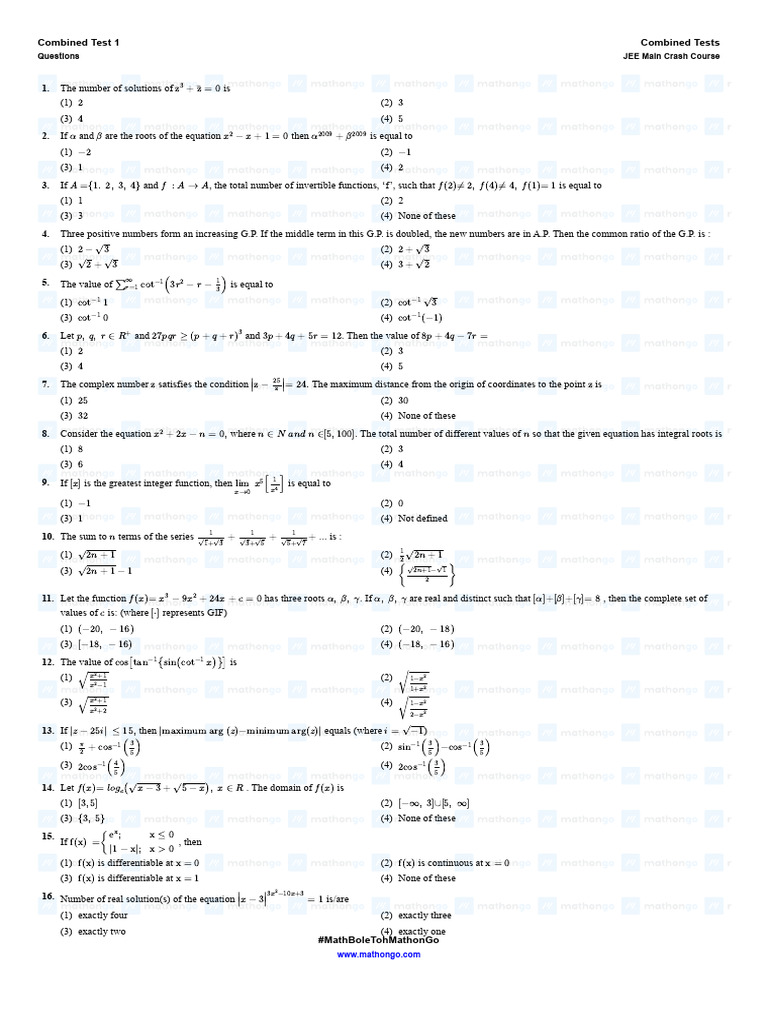 Question Combined Test 1 Combined Tests JEE Main Crash Course MathonGo ...