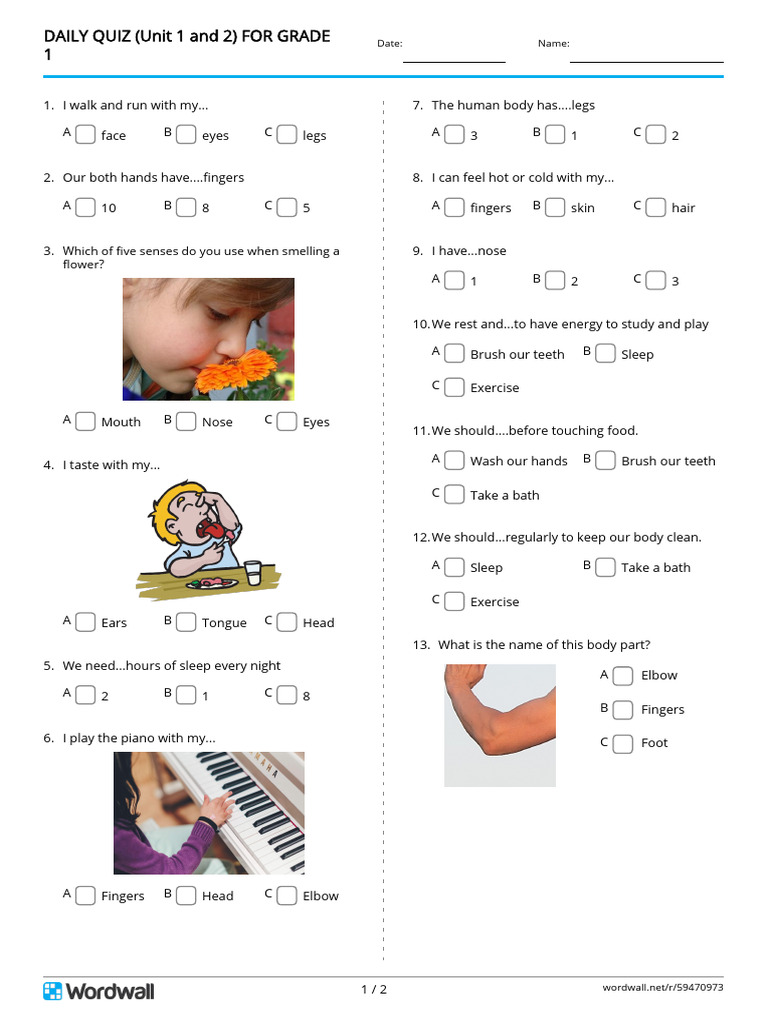 DAILY QUIZ (Unit 1 and 2) FOR GRADE 1 | PDF | Lunch | Foods