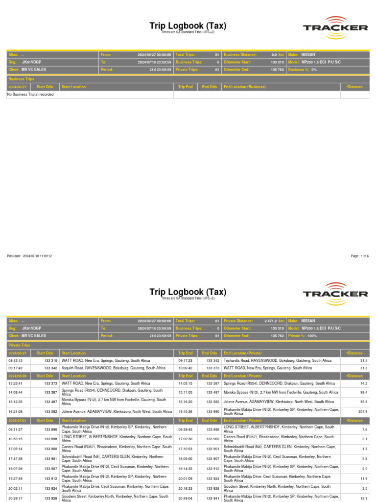 TripLogbook (Tax) 27june2024 18july2024 | PDF