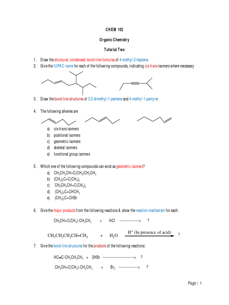 CHEM 102 Organic Chemistry Tutorial Two | PDF | Isomer | Chemical Reactions