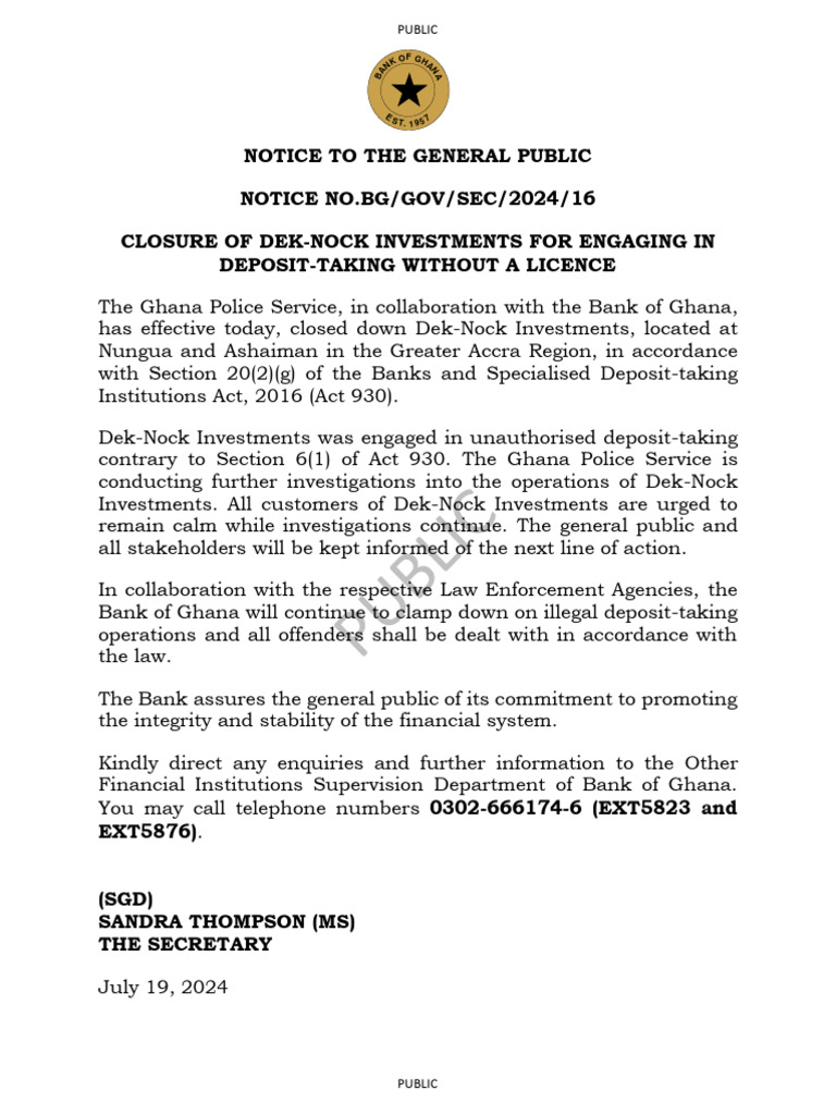 Notice No. - Bog-Gov-Sec-2024-16 - Notice To The Public-Closure of Dek ...